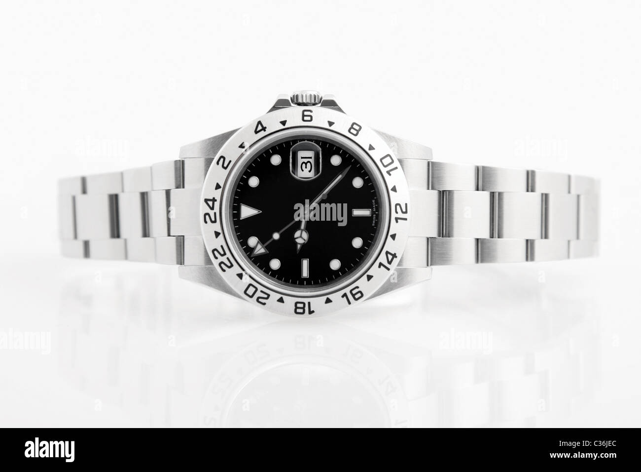 front view of luxury watch, silver and black Stock Photo - Alamy