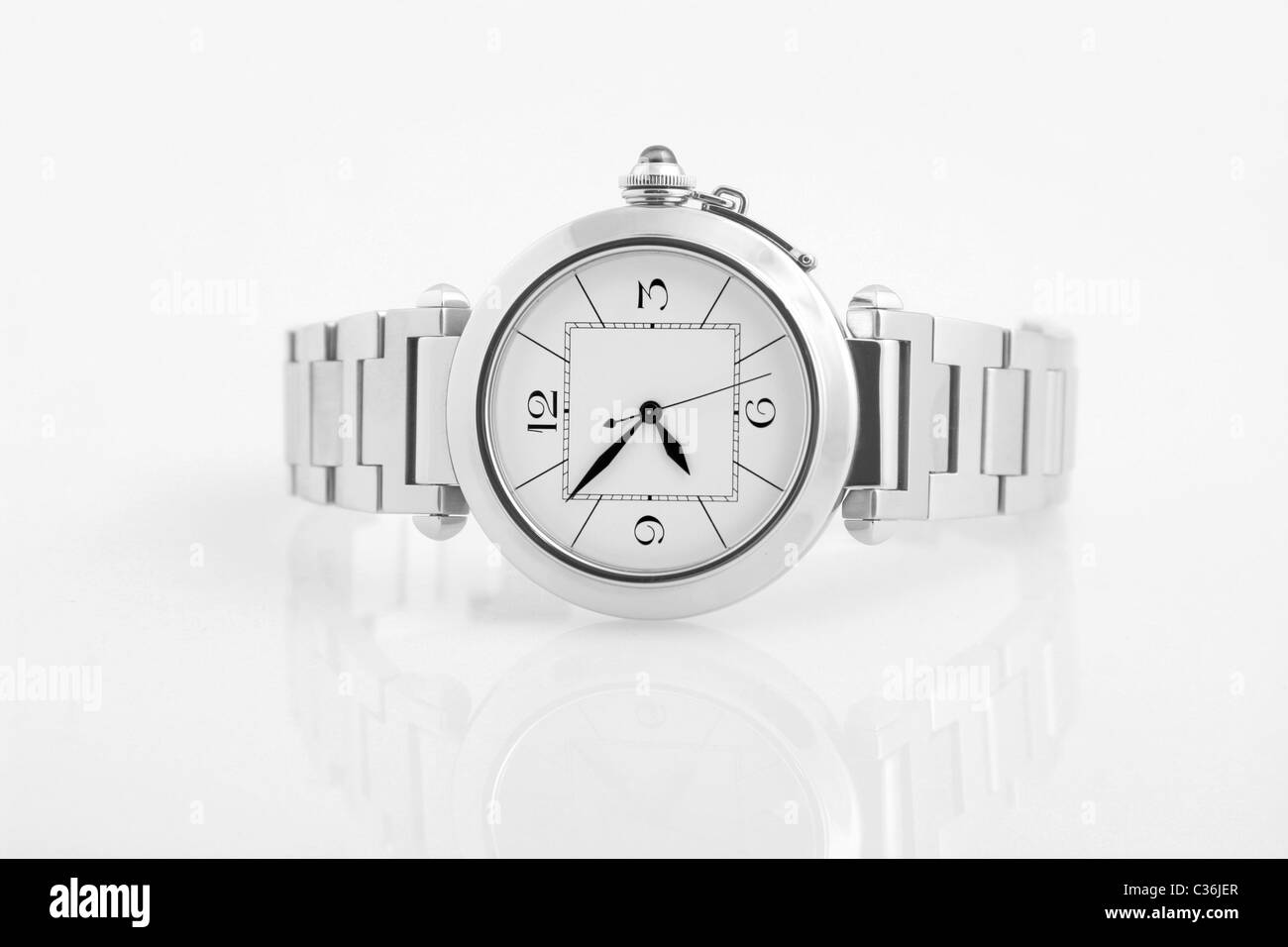 front view of luxury watch, silver and black Stock Photo - Alamy