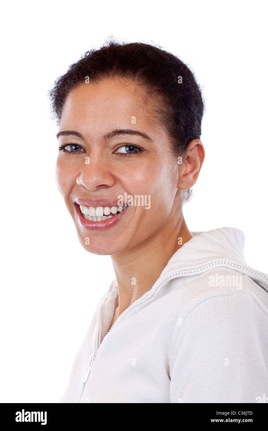 Portrait of beautiful, coloured woman which smiles happy. Isolated on ...