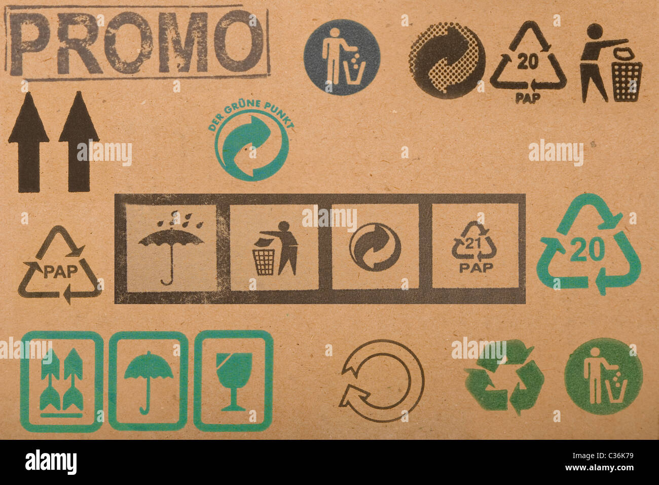 different symbols from cardboard boxes, information labels Stock Photo ...