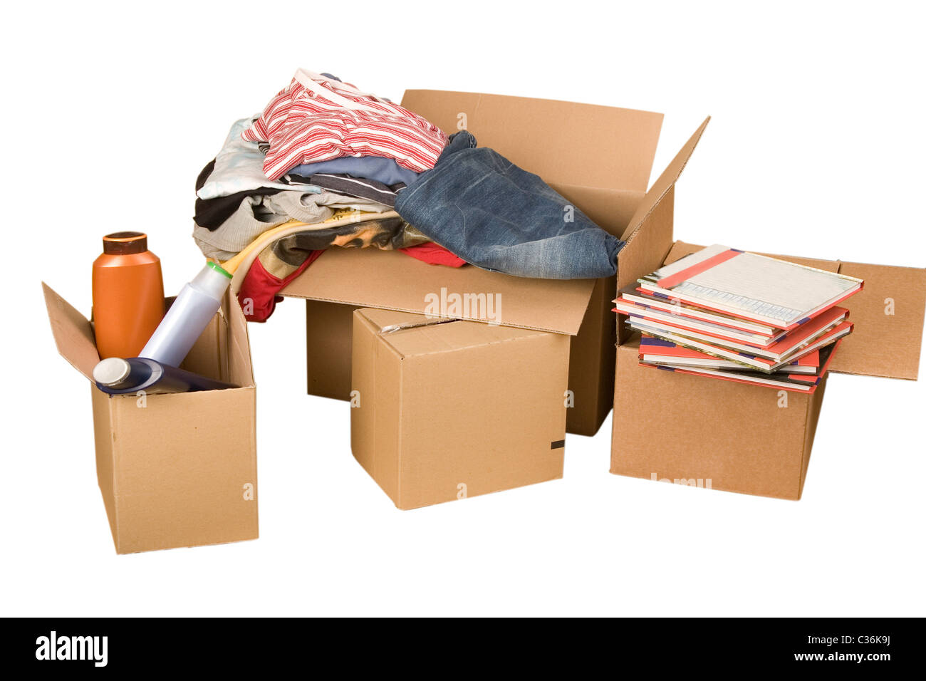 transport cardboard boxes with books and clothes on white background ...