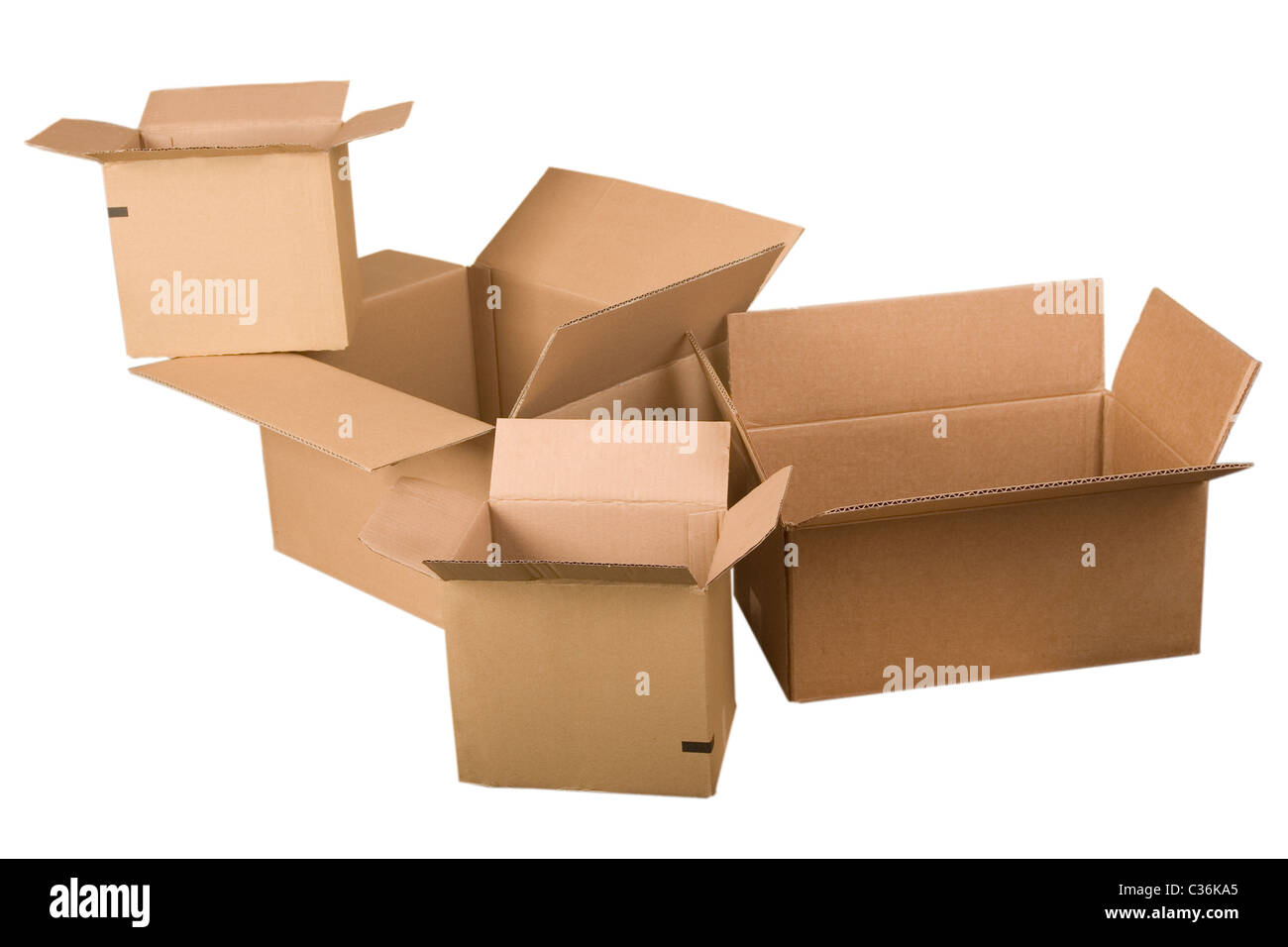 open brown cardboard boxes on white background Stock Photo - Alamy