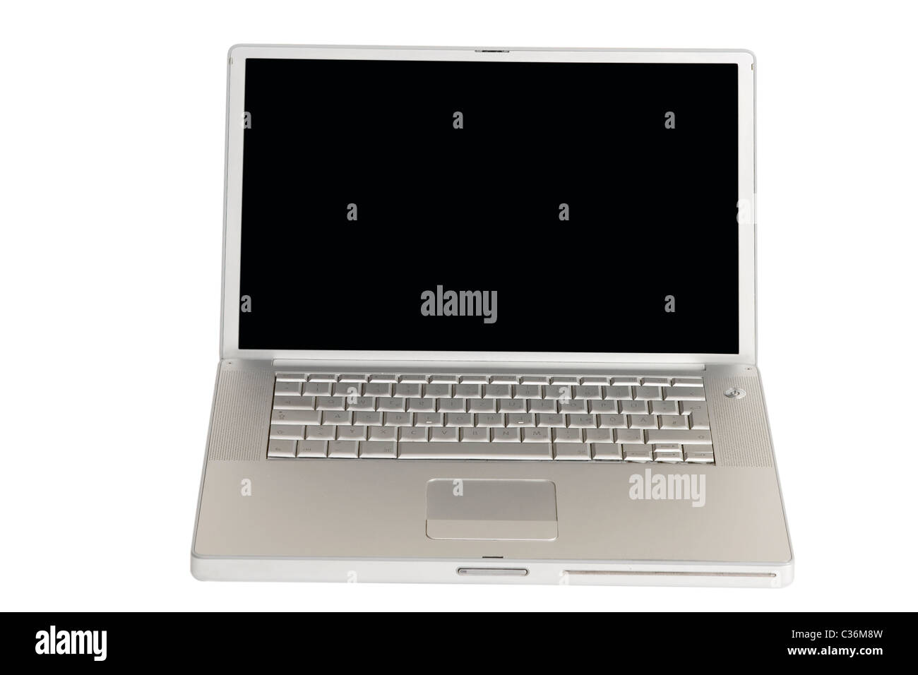 front view of open silver laptop on white background Stock Photo - Alamy