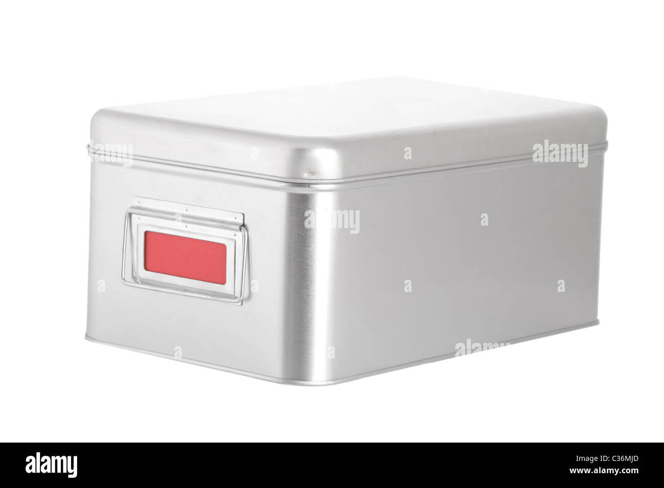 silver steel box with red blank label on white background Stock Photo ...