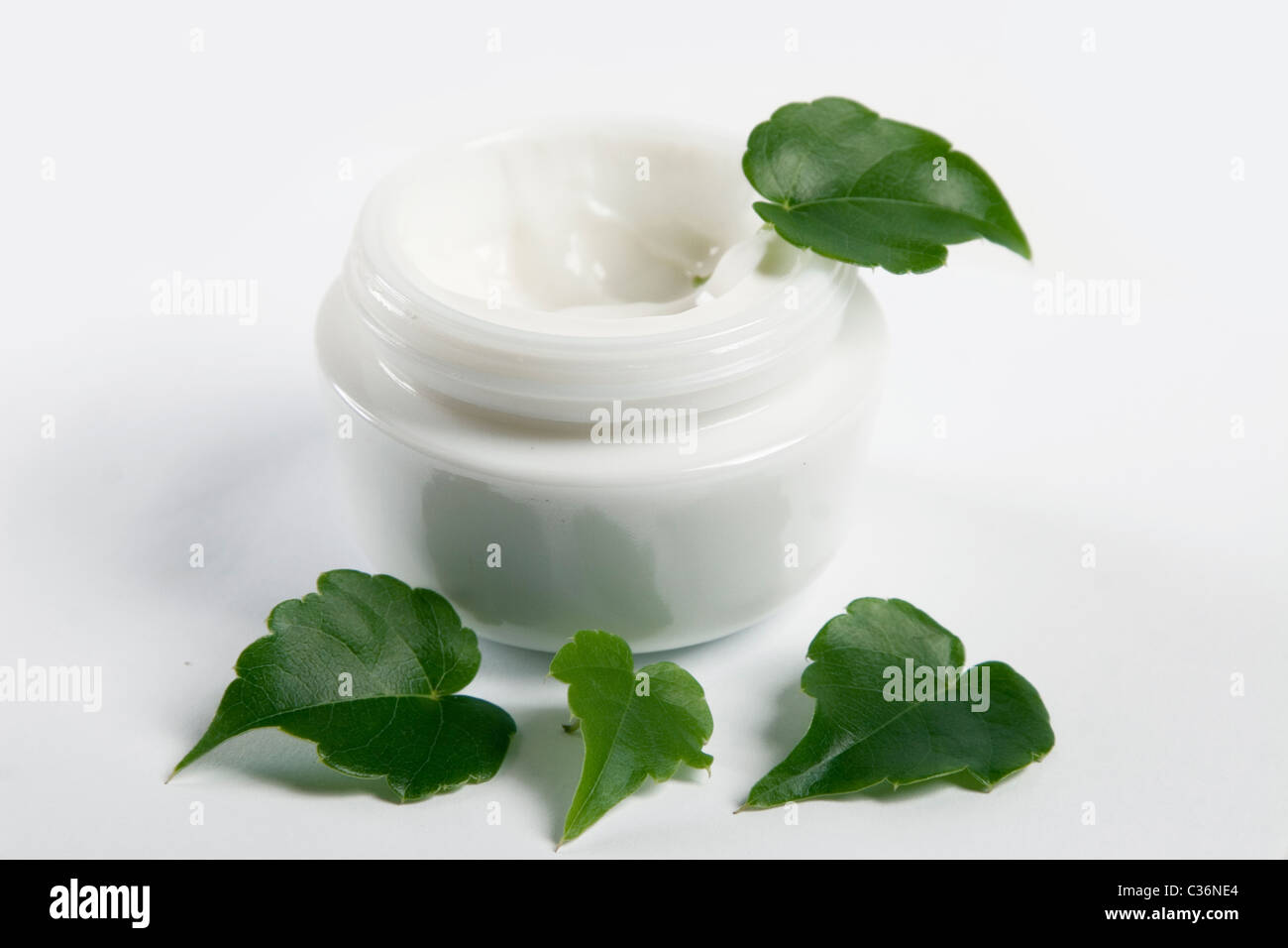front view of cosmetic cream with green leaves Stock Photo - Alamy