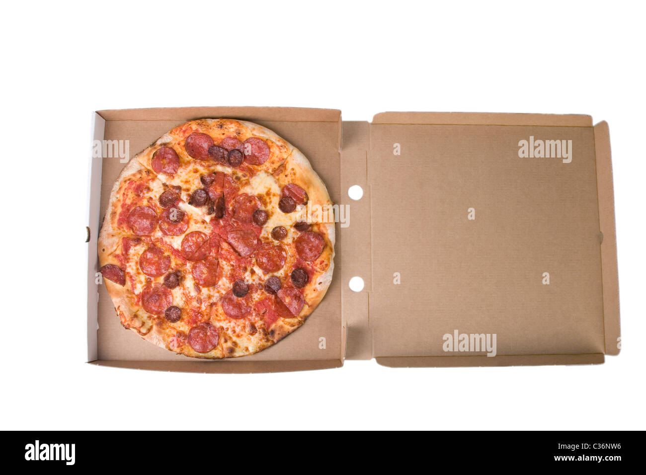 spicy pizza on cardboard box with white background Stock Photo - Alamy