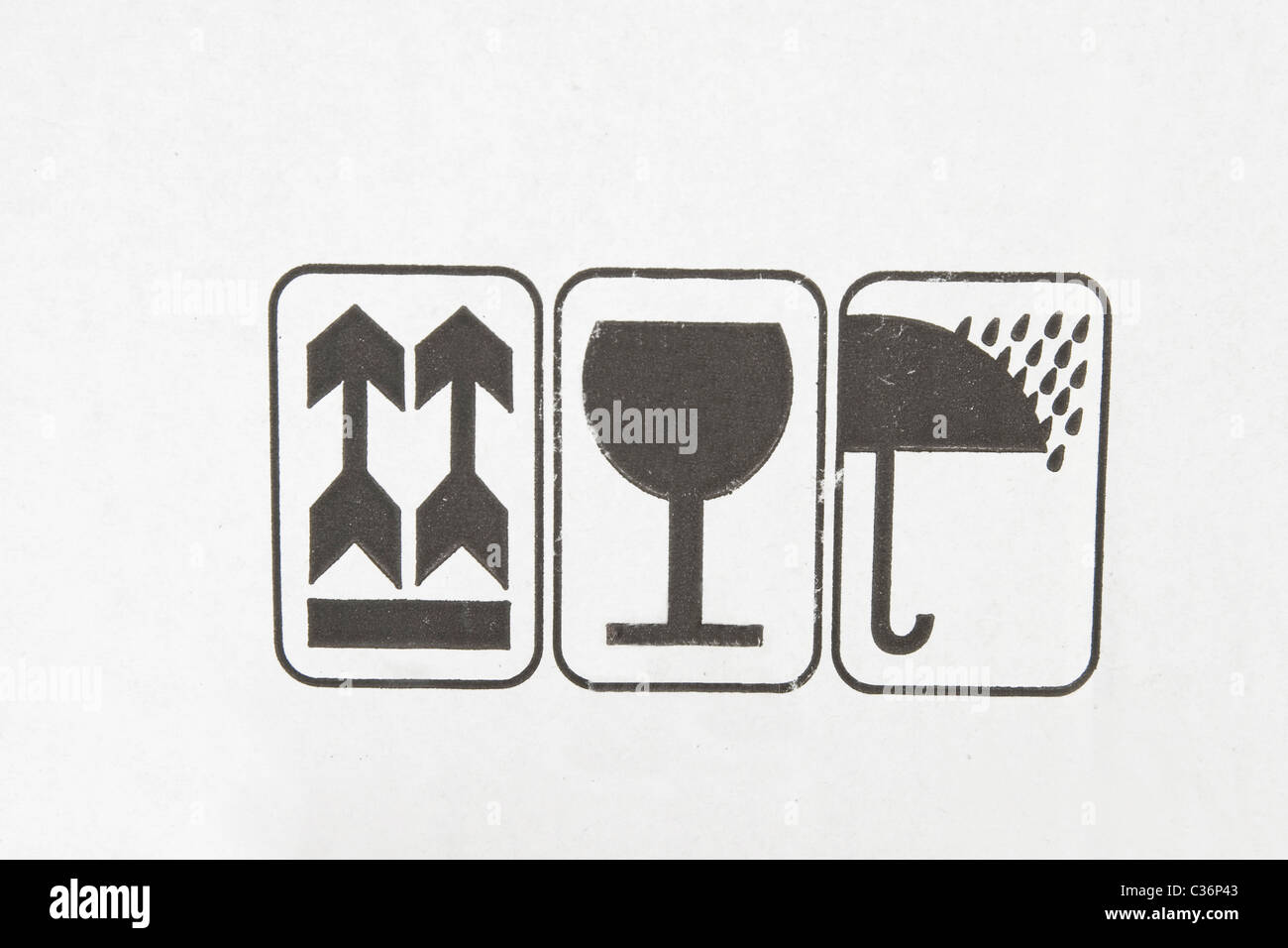 different symbols from cardboard box, information labels Stock Photo ...