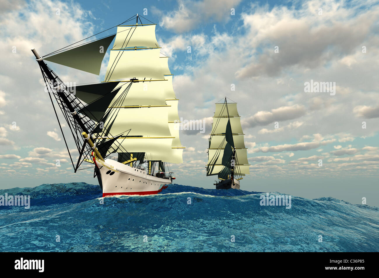 Two tall clipper ships navigate the rough waters of the open sea Stock ...