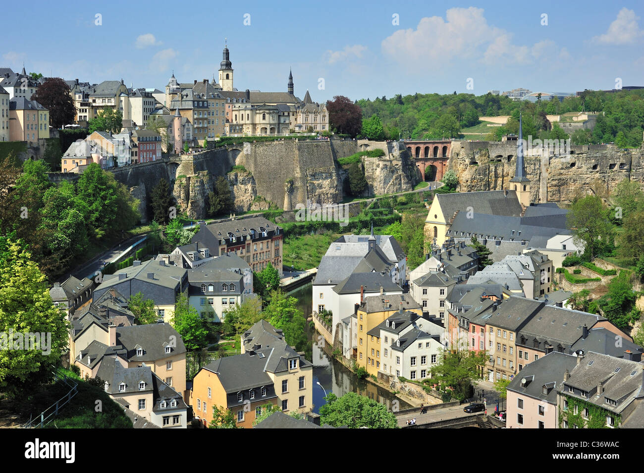 View over the Grund quarter at Luxembourg, Grand Duchy of Luxembourg ...
