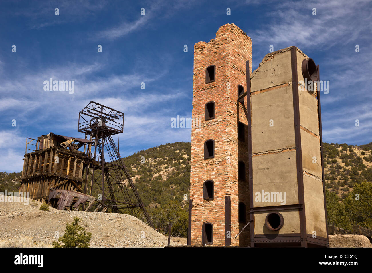 Taylor headframe and towering smelter oven at the Kelly Mine Ghost Town ...