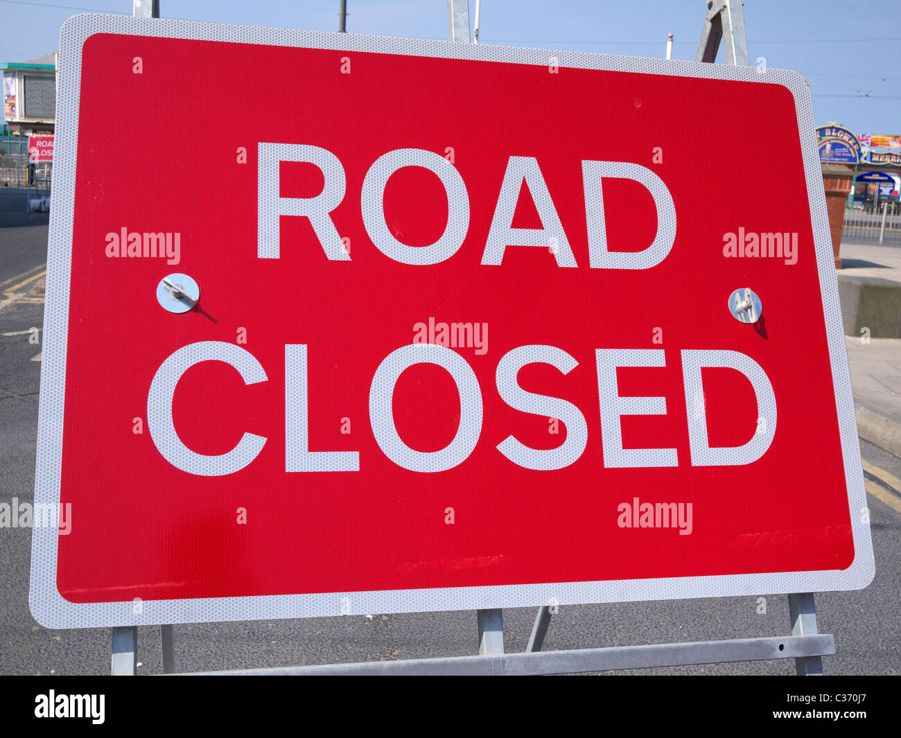 Road closed sign along the promenade Blackpool Lancashire UK Stock ...