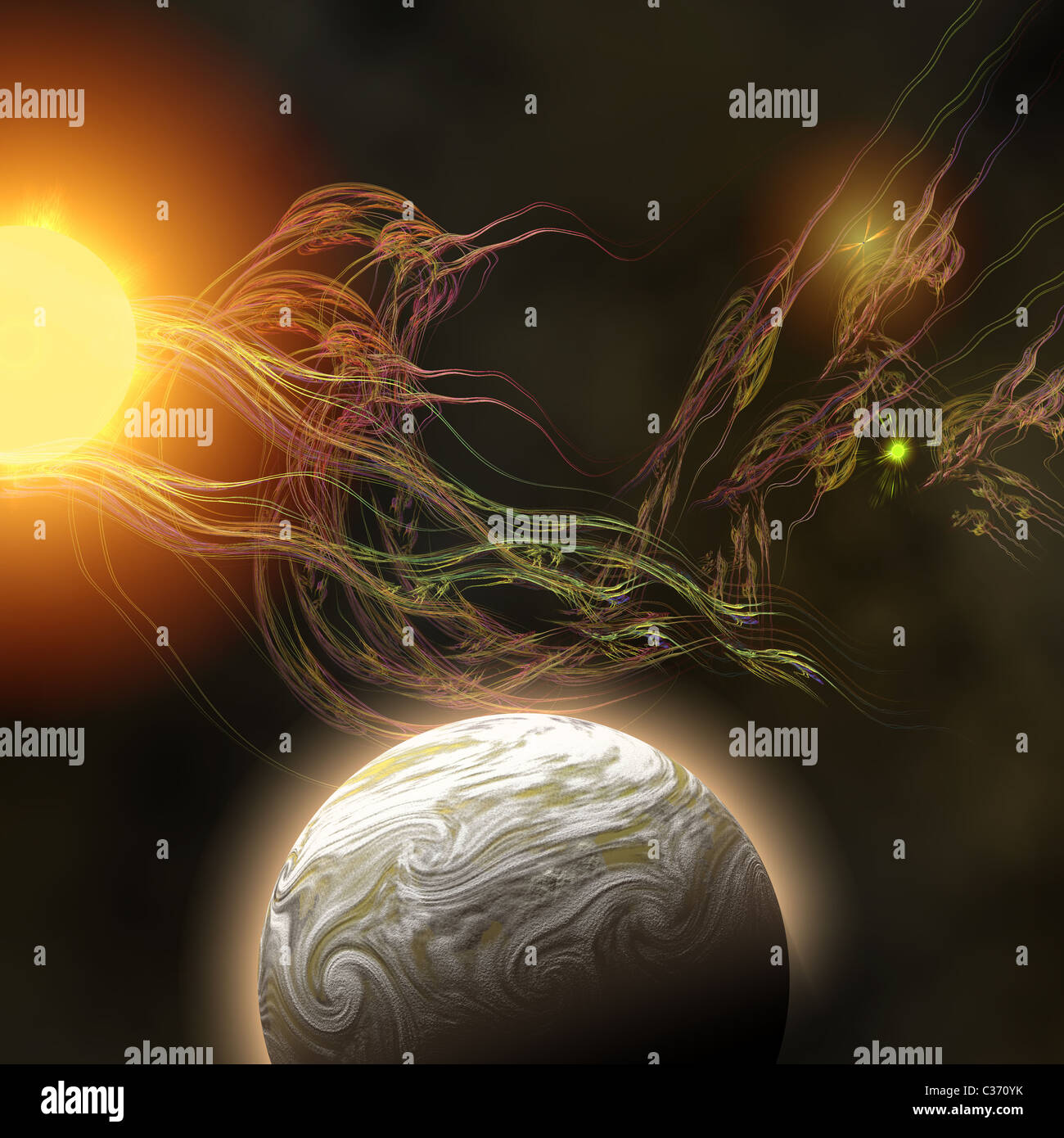 A huge sun radiates solar flares toward a nearby planet Stock Photo - Alamy