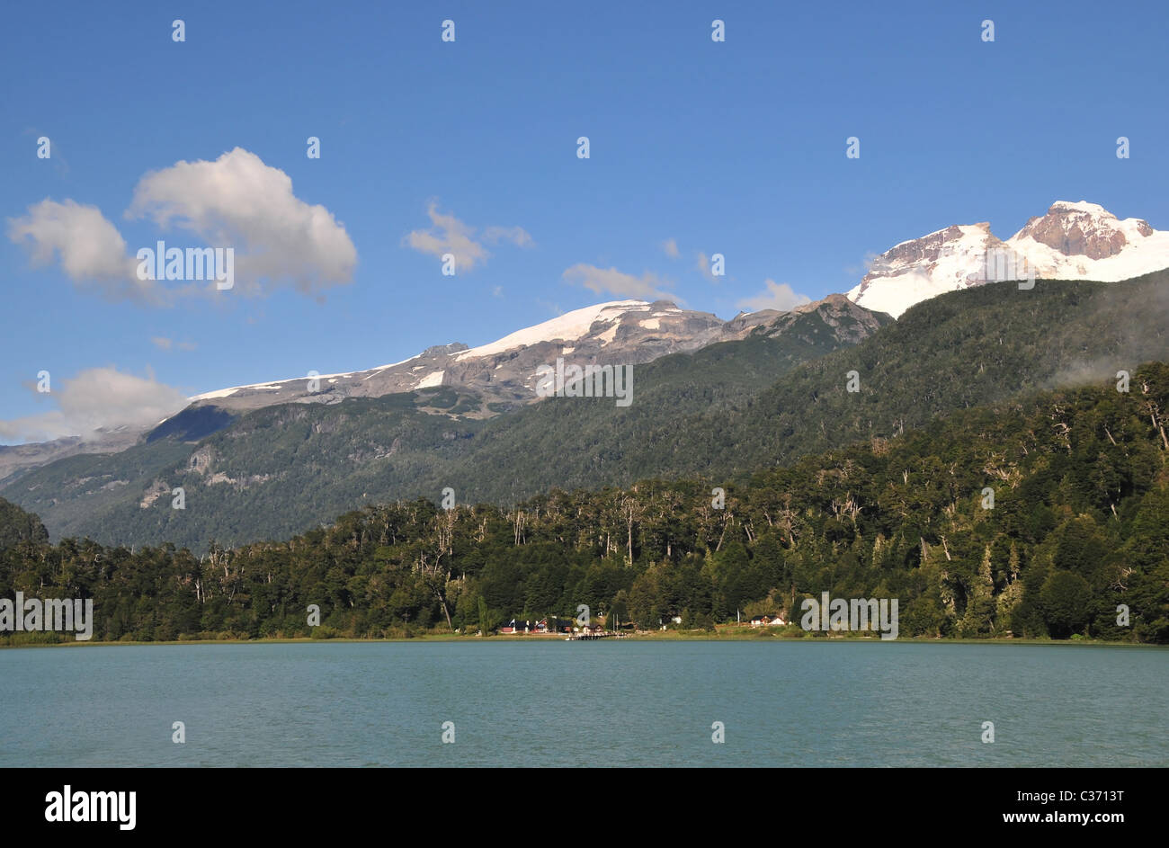 Blue sky view, from Lago Frias, of Volcan Tronador and Andean forest ...