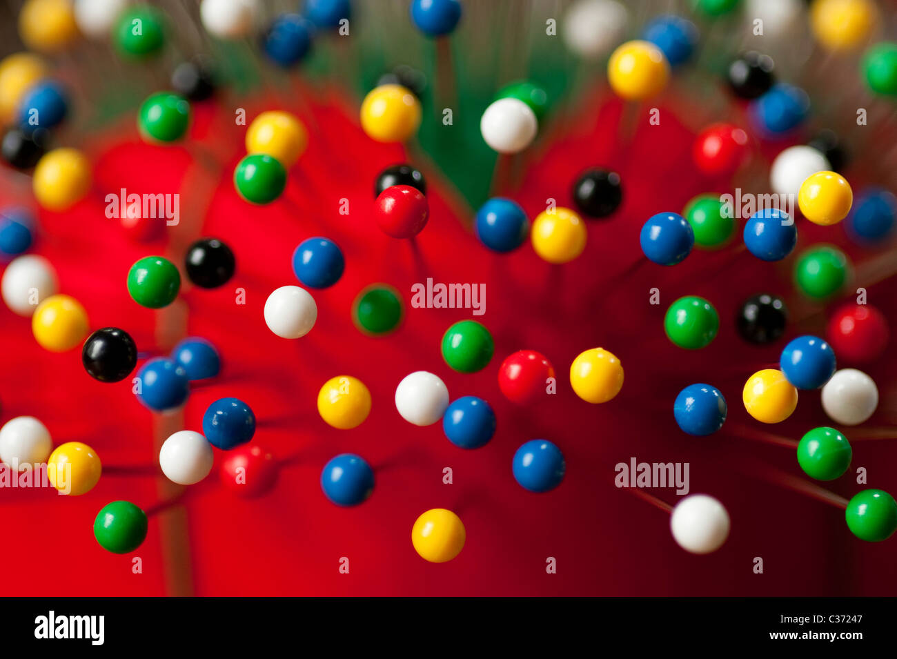 Close up of multi colored pins in red pin chushion Stock Photo - Alamy