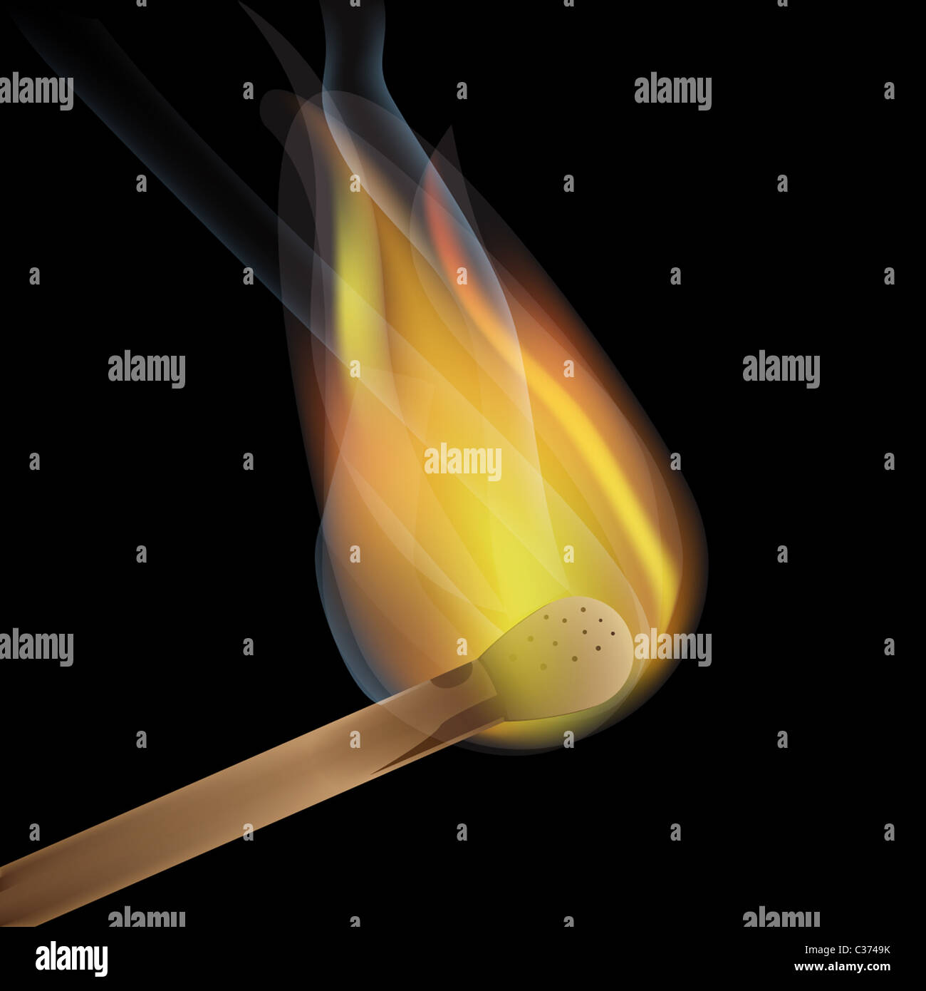 match stick burning with flame and smoke on black background Stock ...
