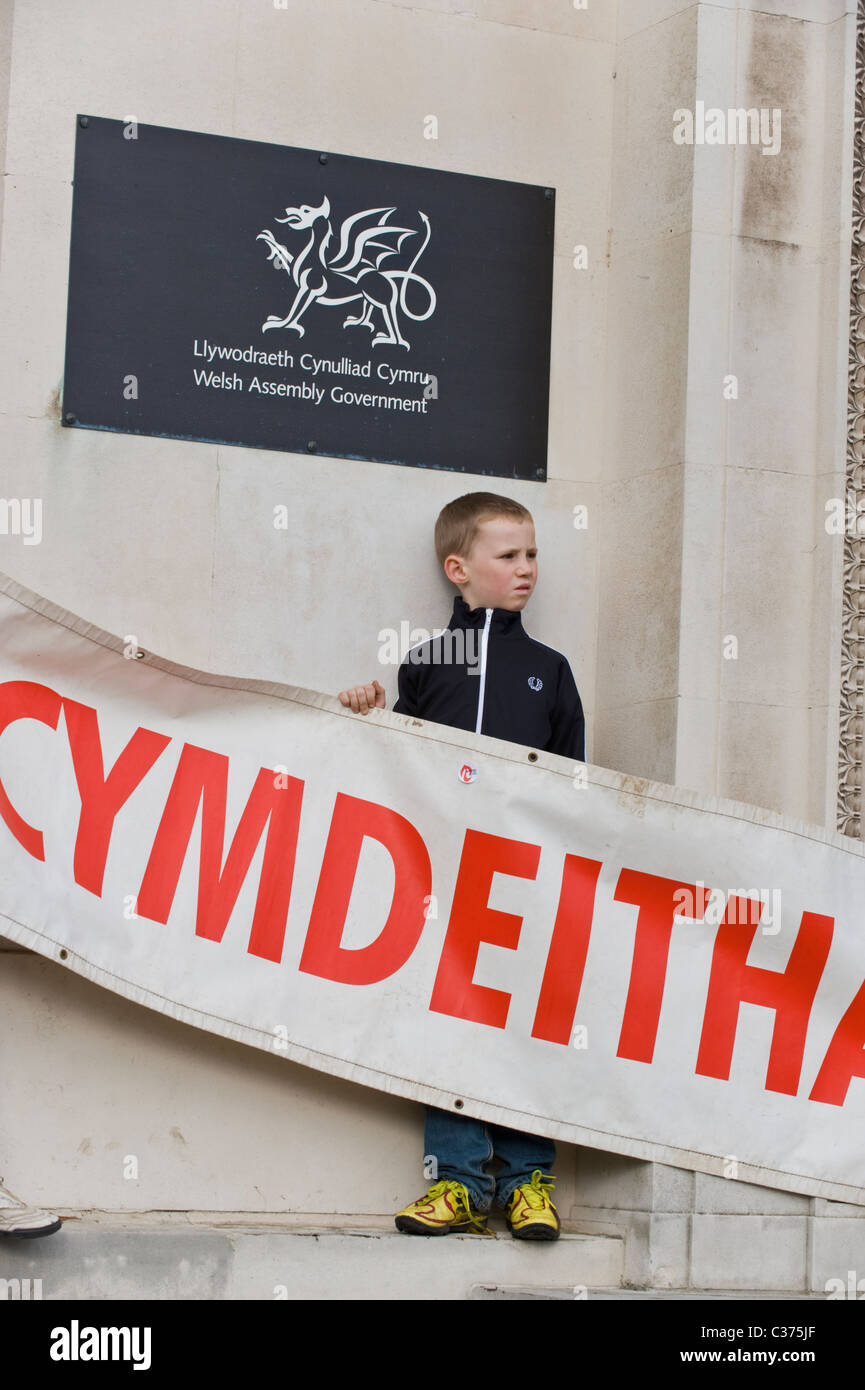 Children holding Welsh Language Society banner at S4C Rally outside ...