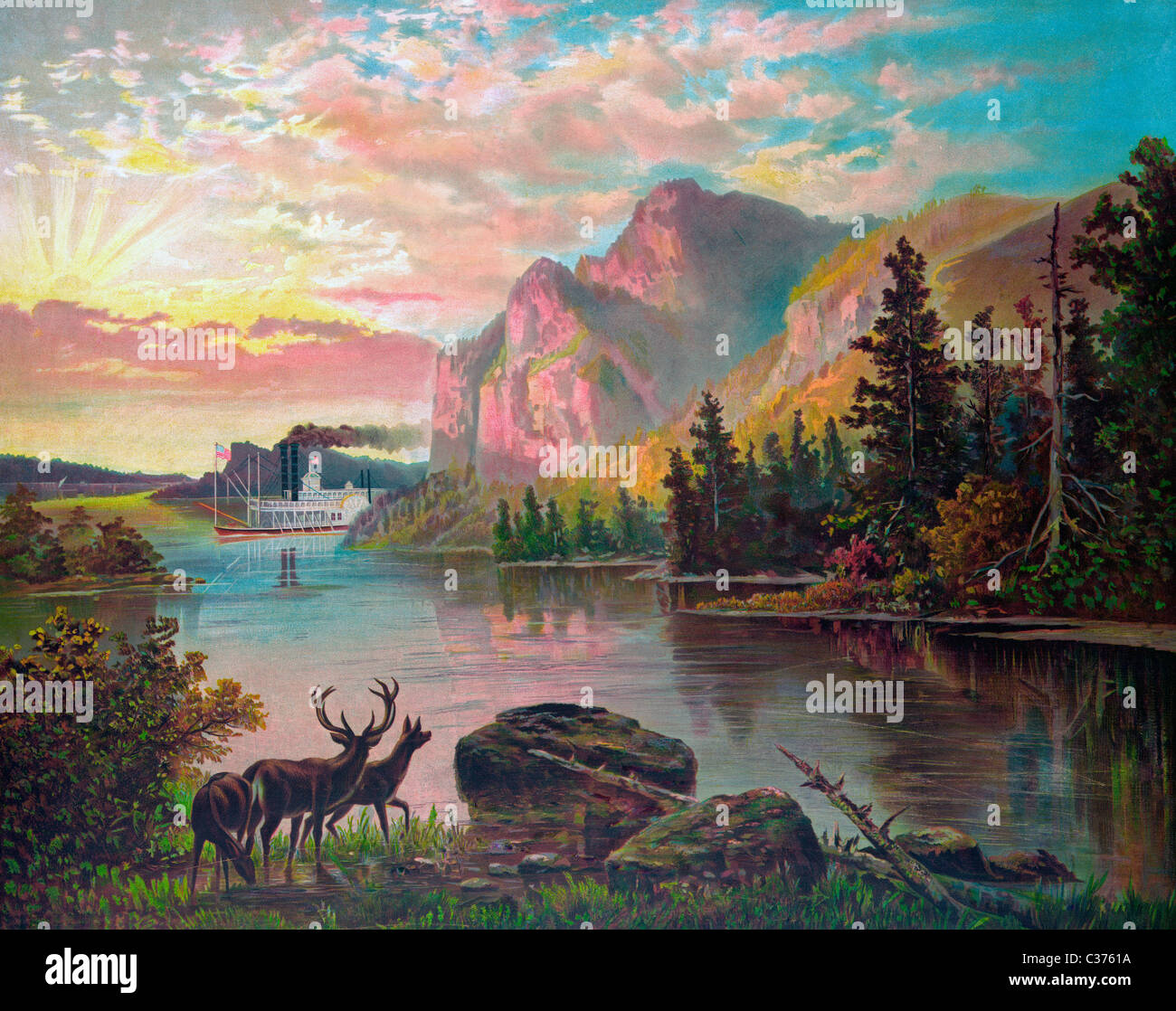 An American river scene with deer in the foreground and a steamboat ...