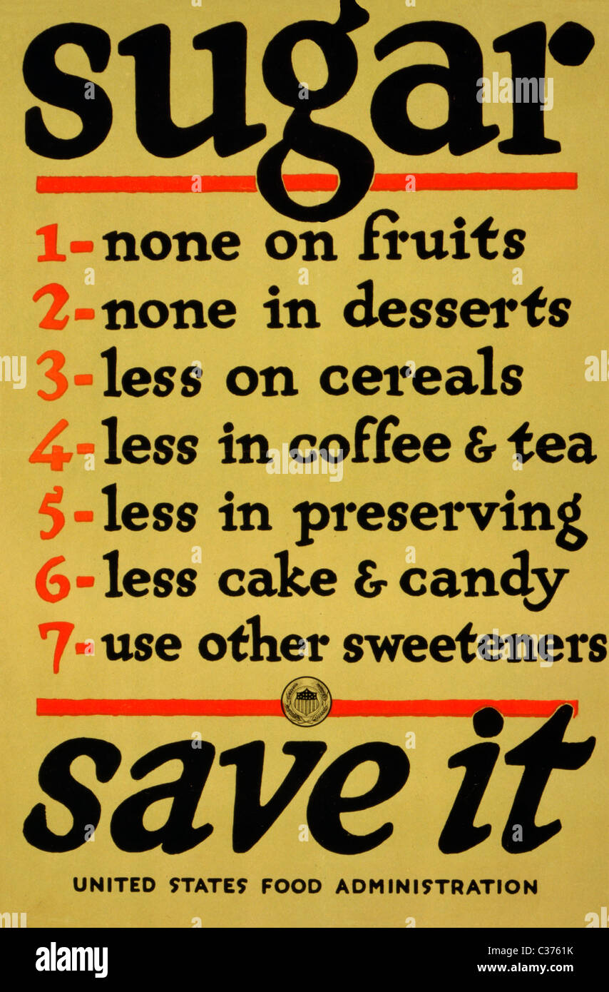 Sugar - save it Poster showing a list of ways to save sugar. WWI Home ...