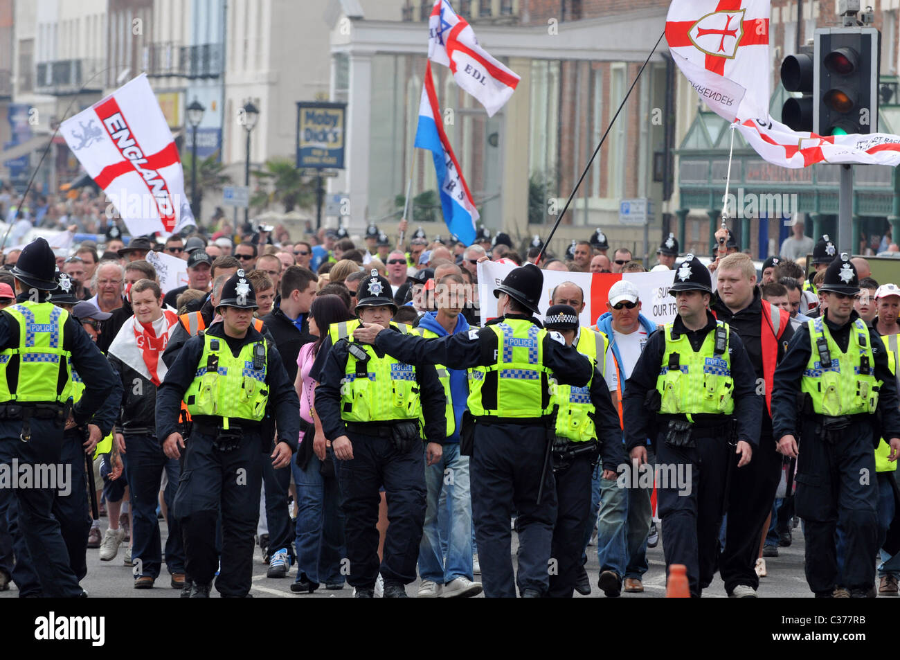UK, Dorset, English Defence League (EDL) rally in Weymouth, Dorset, to ...