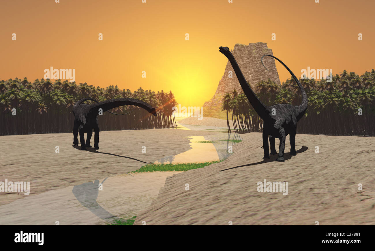 Two Diplodocus dinosaurs come to a river for a drink in prehistoric ...