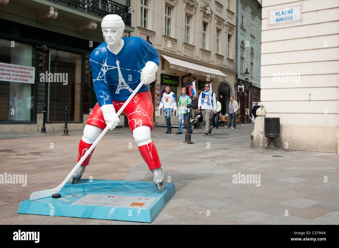 Statue of French hockey player on Main square in the city center during ...