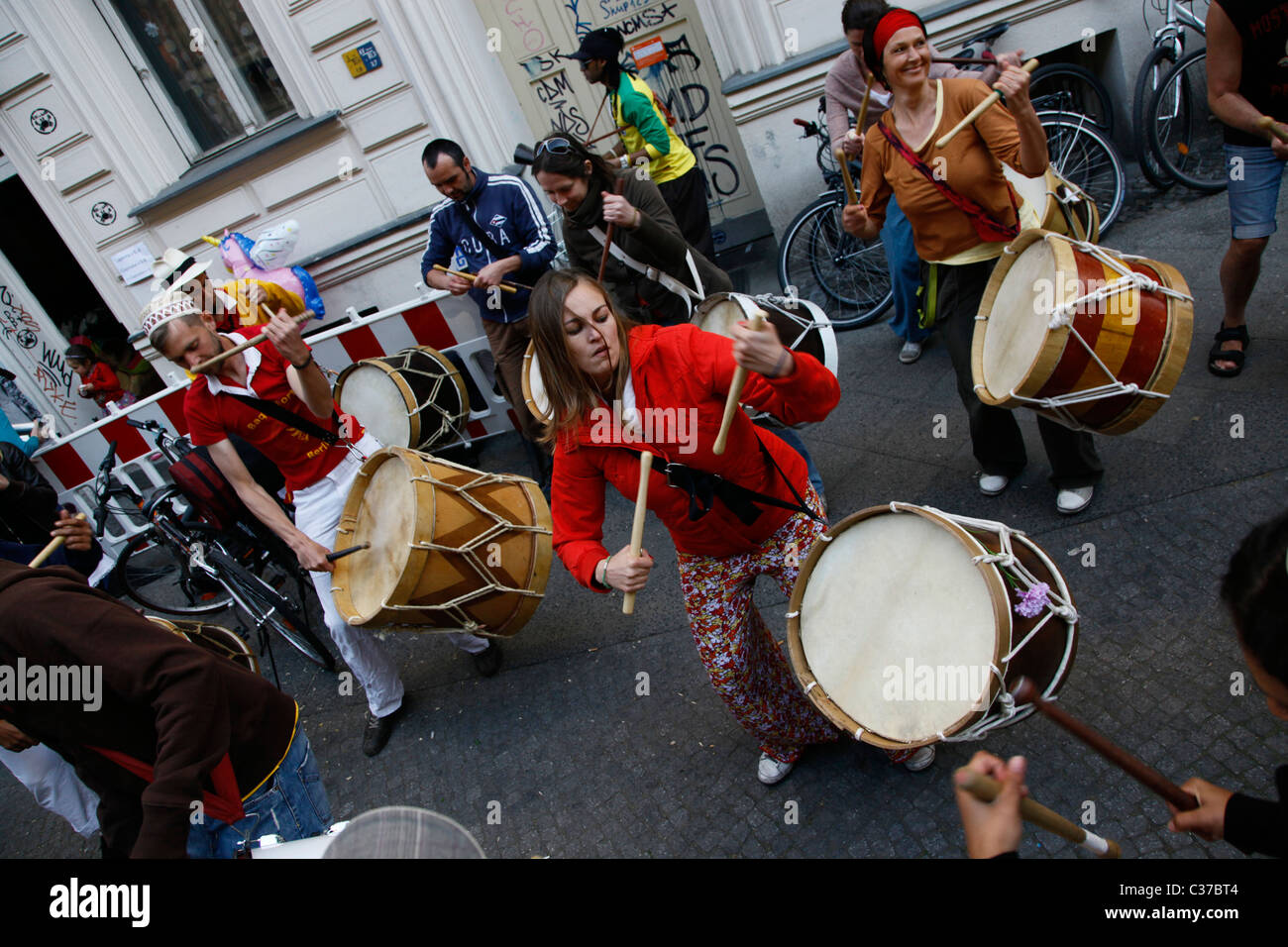 A band beat drums during during protest rally on International Workers ...