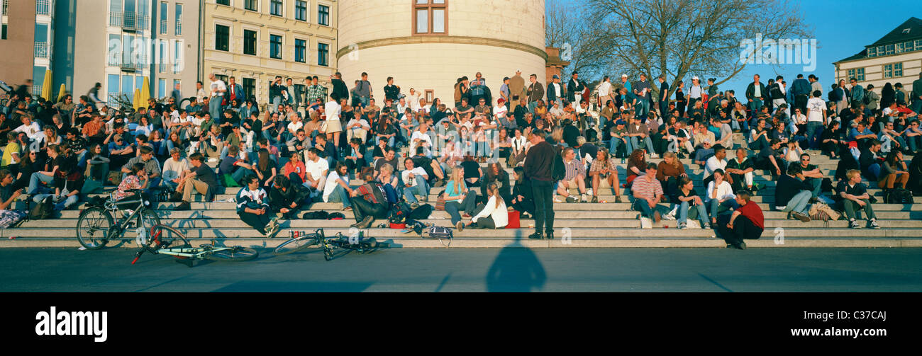 Duesseldorf, crowded stairs near the rhine at the Burgplatz Stock Photo ...
