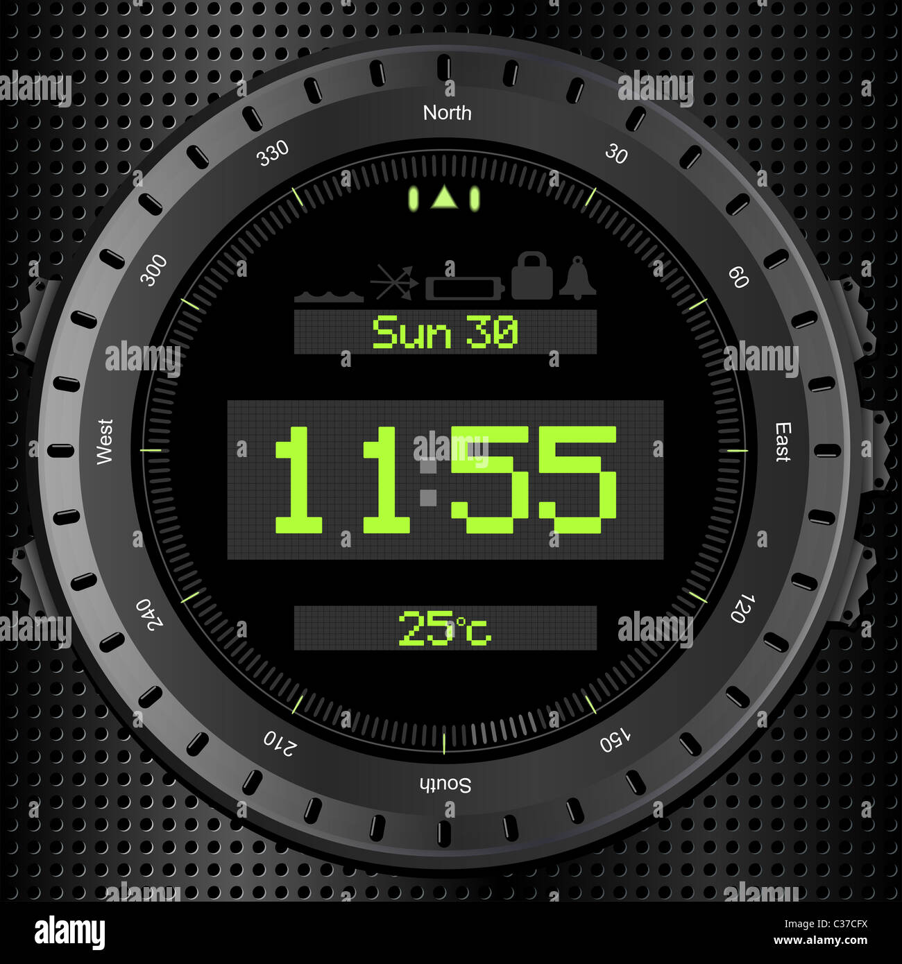 Black digital watch showing time, date and temperature with compass ...