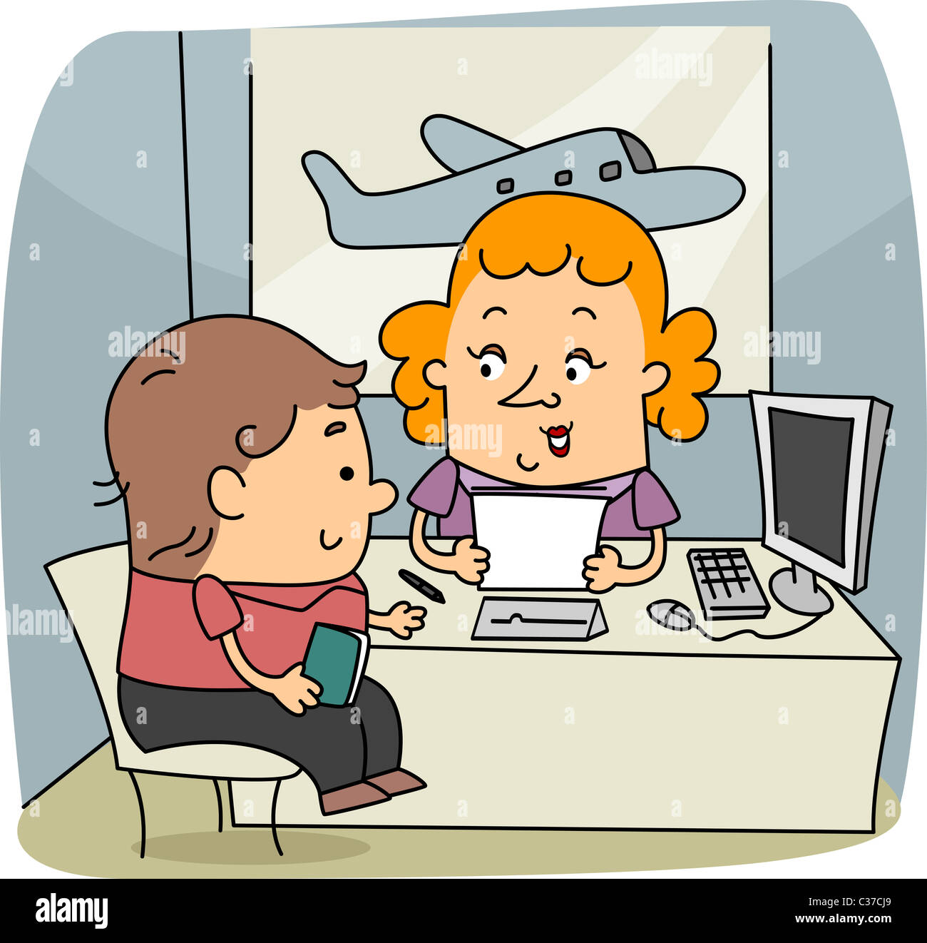 Illustration of a Travel Agent at Work Stock Photo - Alamy