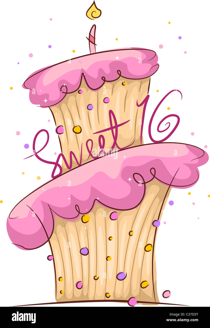 Illustration of a Cake with a Sweet 16 Sign Stock Photo - Alamy