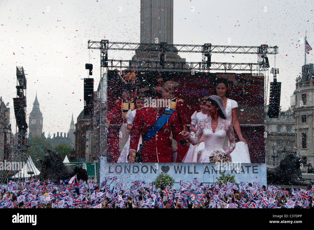 April 29th 2011 Royal Wedding on giant television screen Trafalgar ...