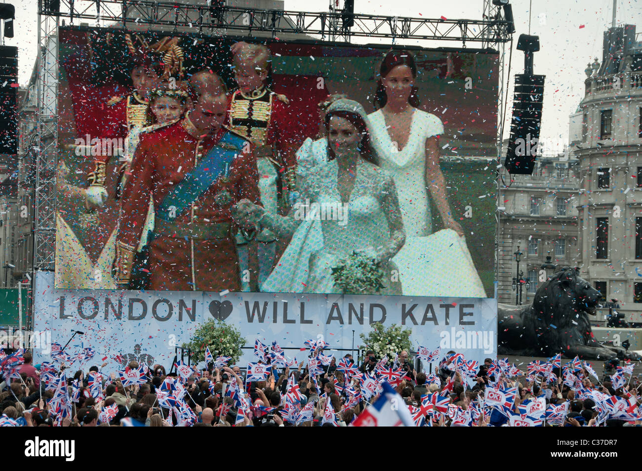 April 29th 2011 Royal Wedding on giant television screen Trafalgar ...