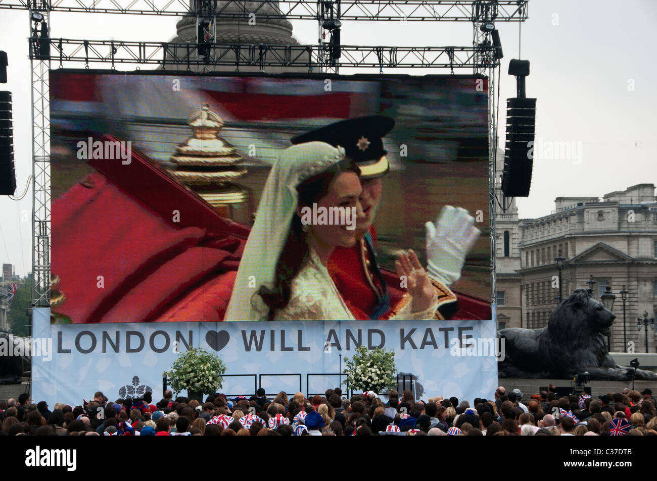 April 29th 2011 Royal Wedding on giant television screen Trafalgar ...