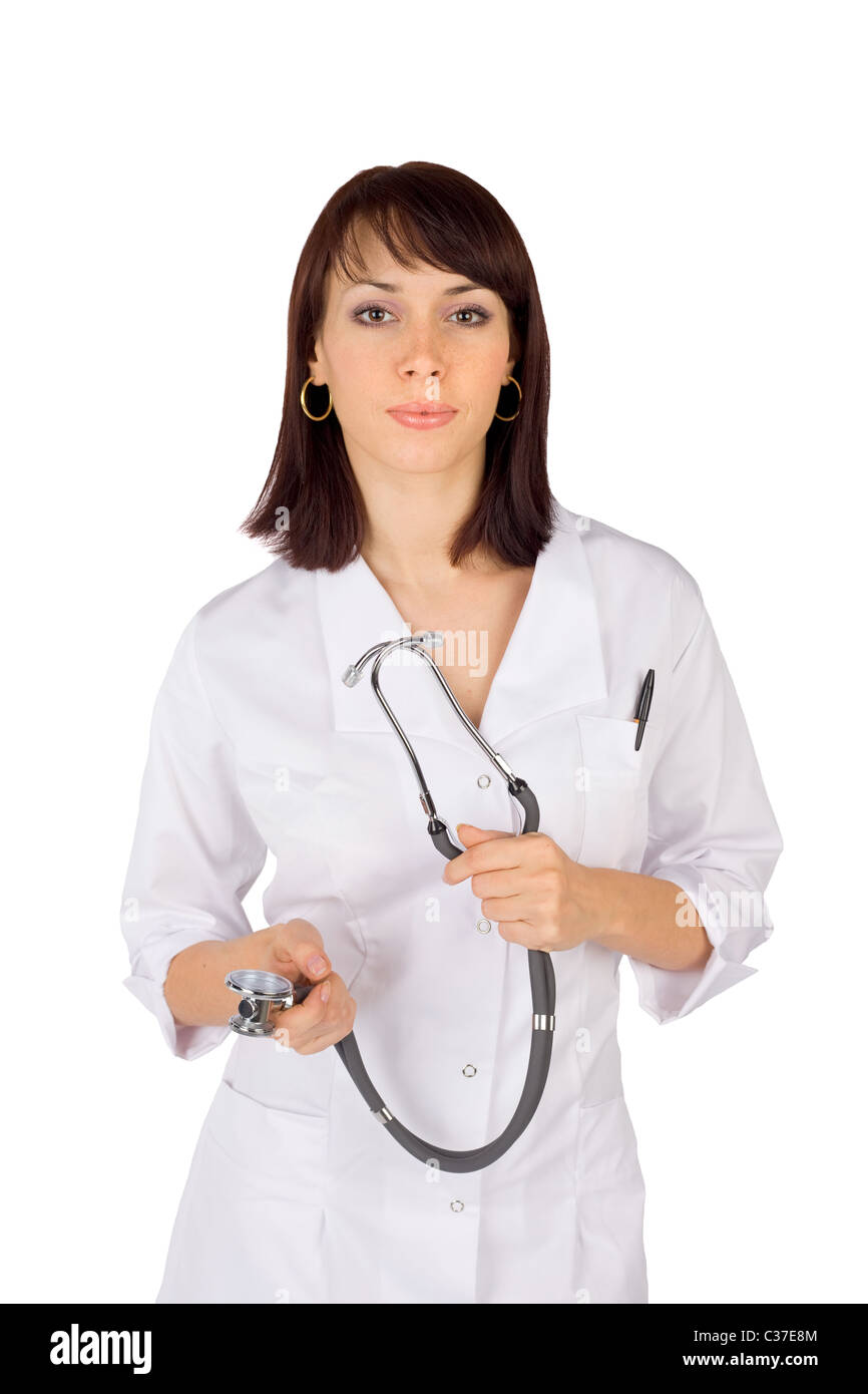 Young confident female doctor holding stethoscope isolated on white ...