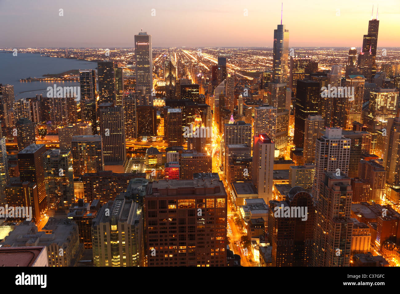 View to Downtown Chicago / USA from high above at twilight Stock Photo ...