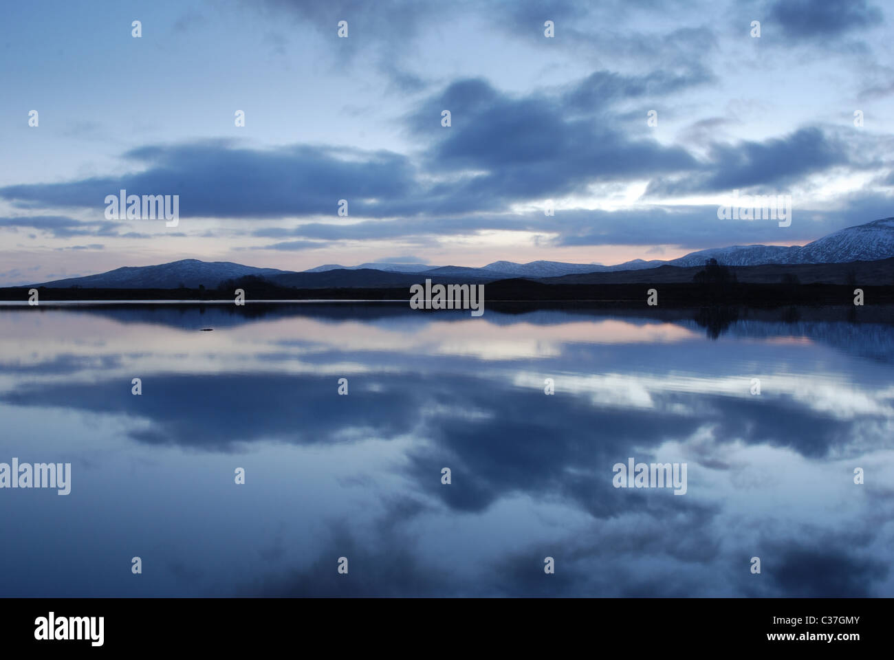 A cold pre-dawn morning over Loch Ba in Rannoch Moor, Scotland Stock ...