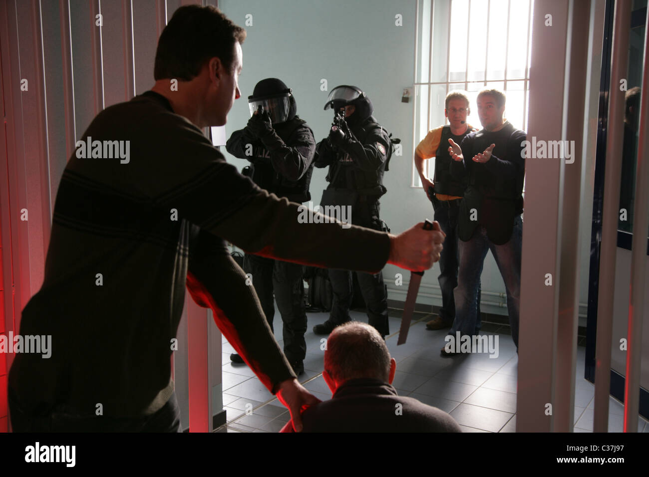 Exercise of a special police unit, SWAT team, for negotiation with ...