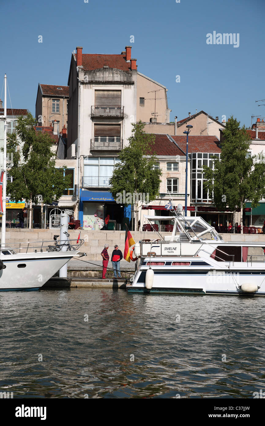 City centre and yachts at the Meuse River, Verdun, France Stock Photo ...