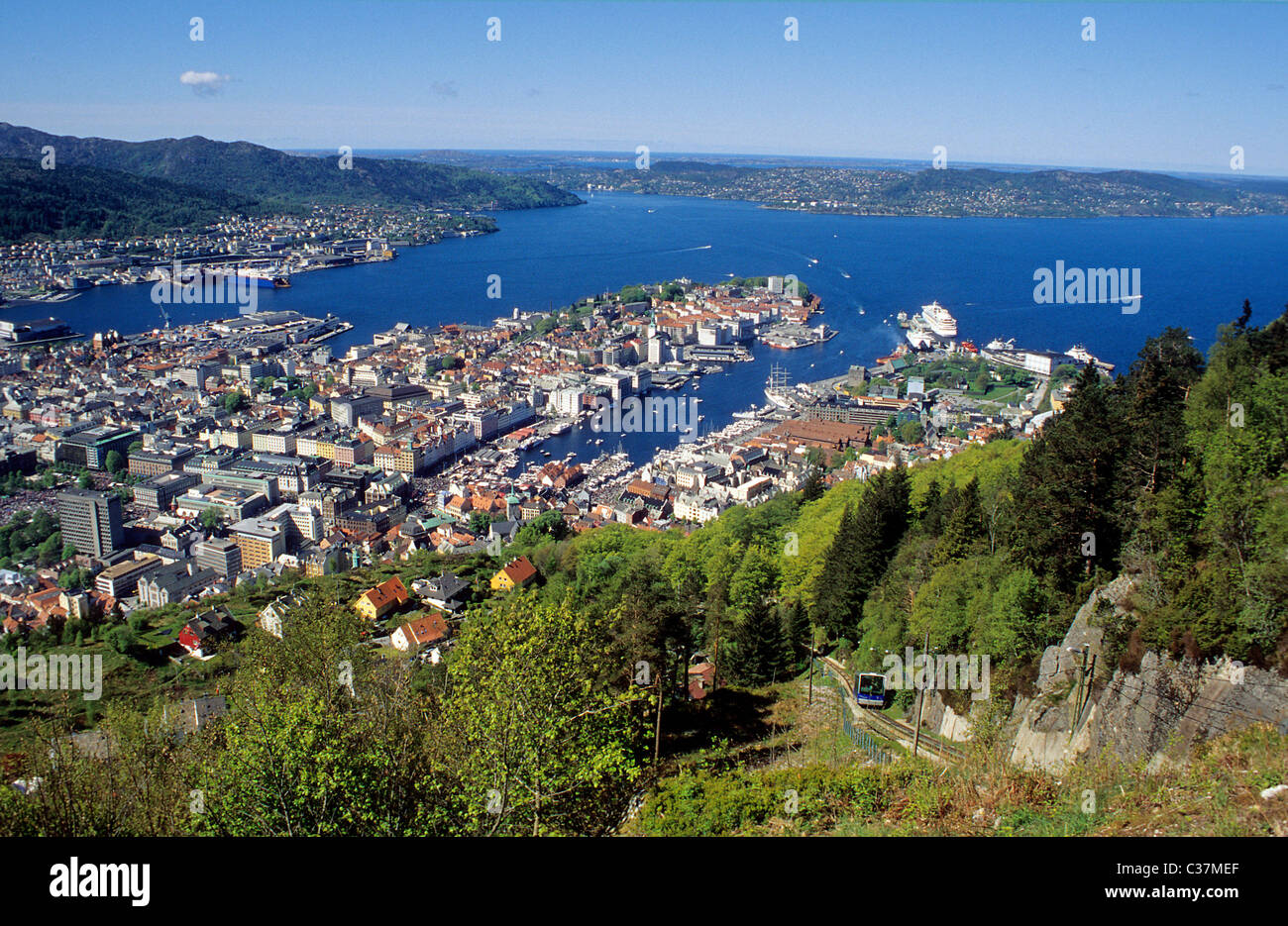 Bergen, Norway, view from Fløifjellet of Mount Fløyen mountain Stock ...