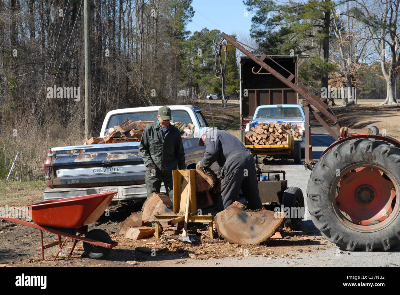 Men using a log splitter to split logs for firewood Stock Photo - Alamy