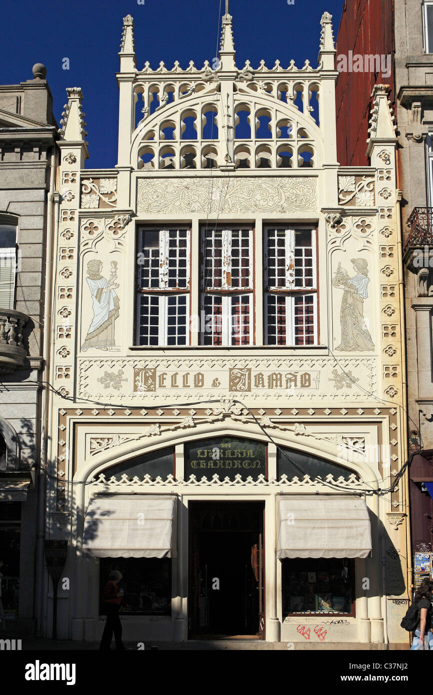 The art nouveau style facade of the Lello and Irmao bookshop in Porto ...