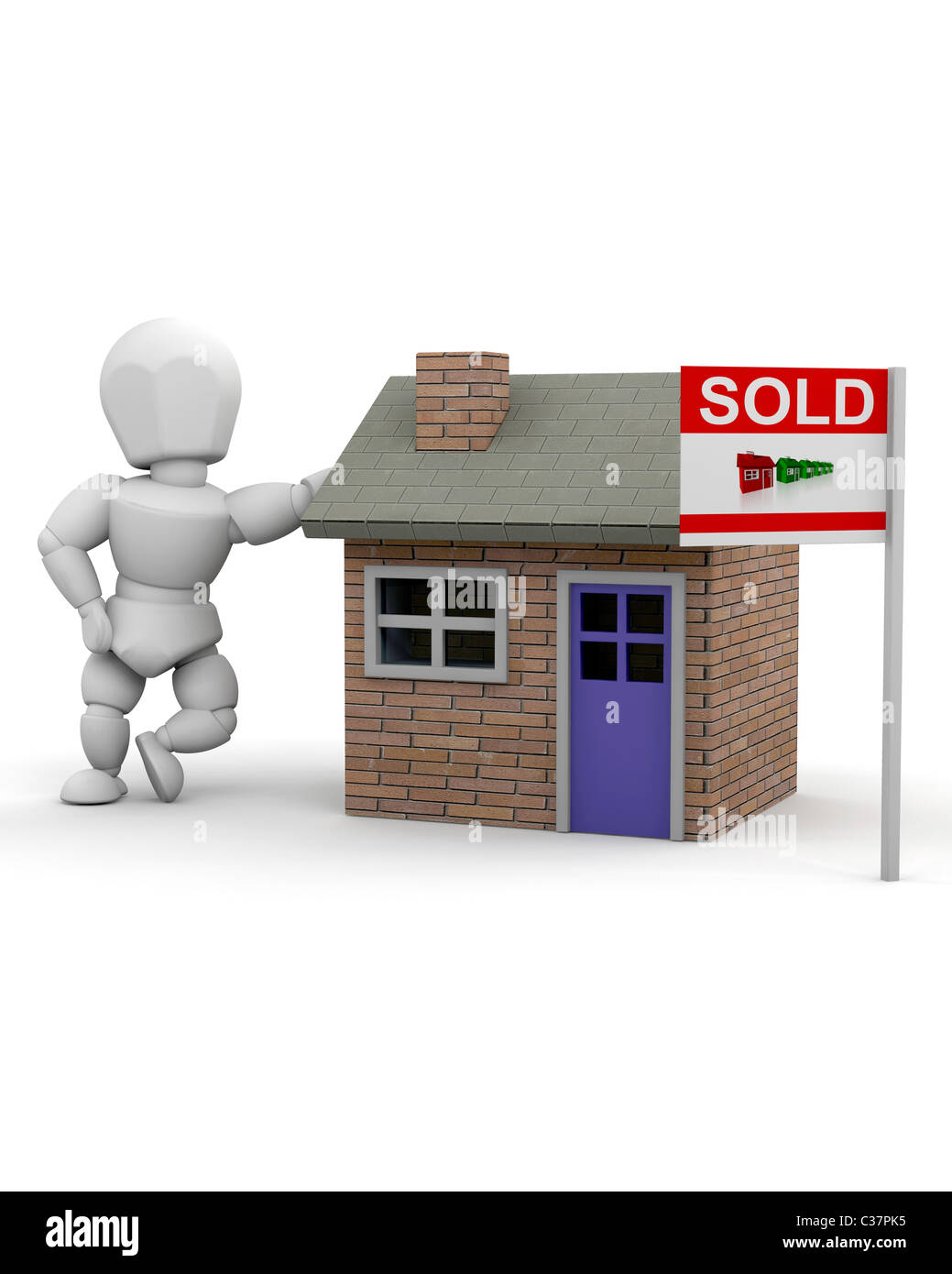 3d render of a man leaning on a house with sold sign Stock Photo - Alamy