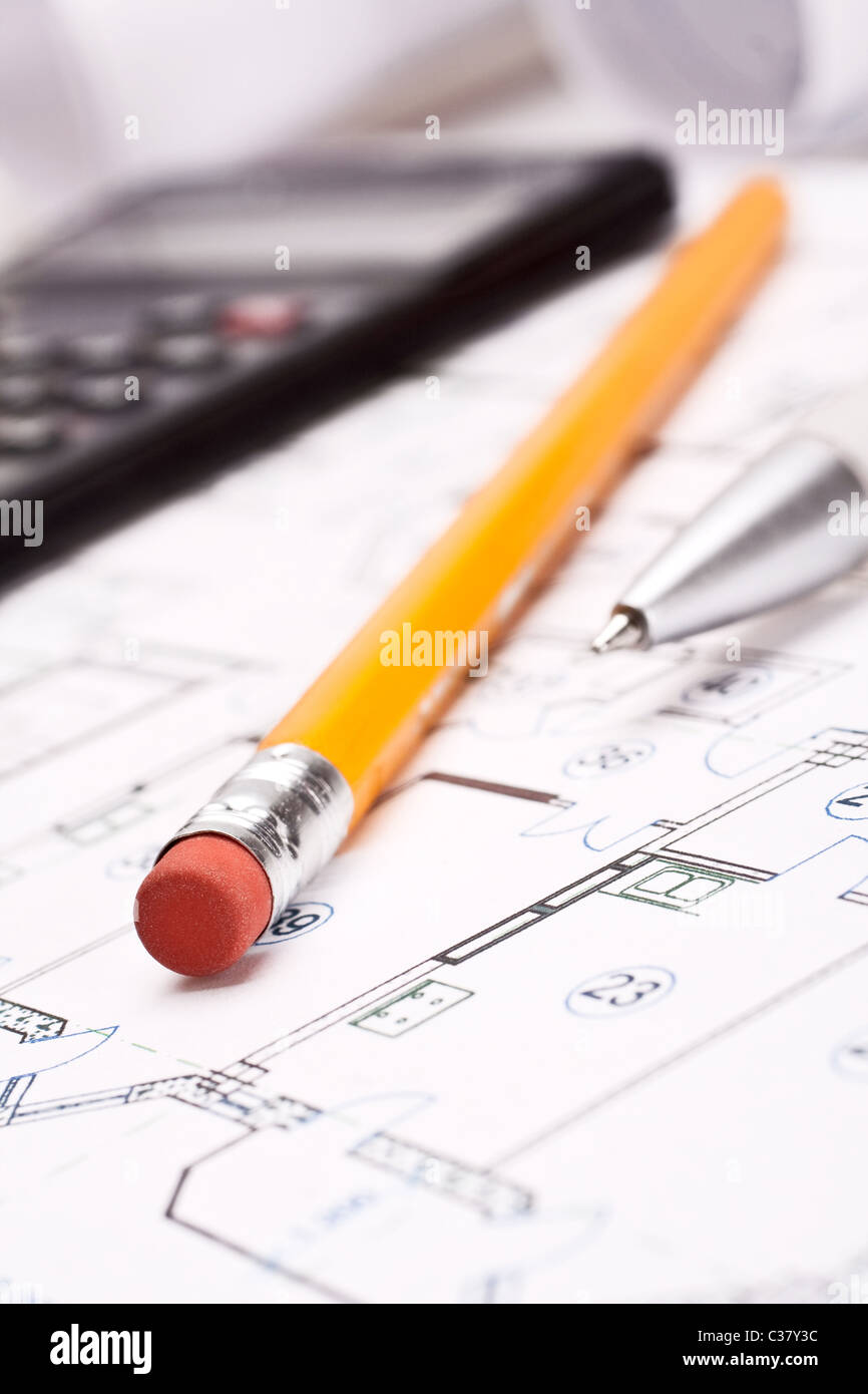 engineering and architecture drawings with pencil Stock Photo - Alamy