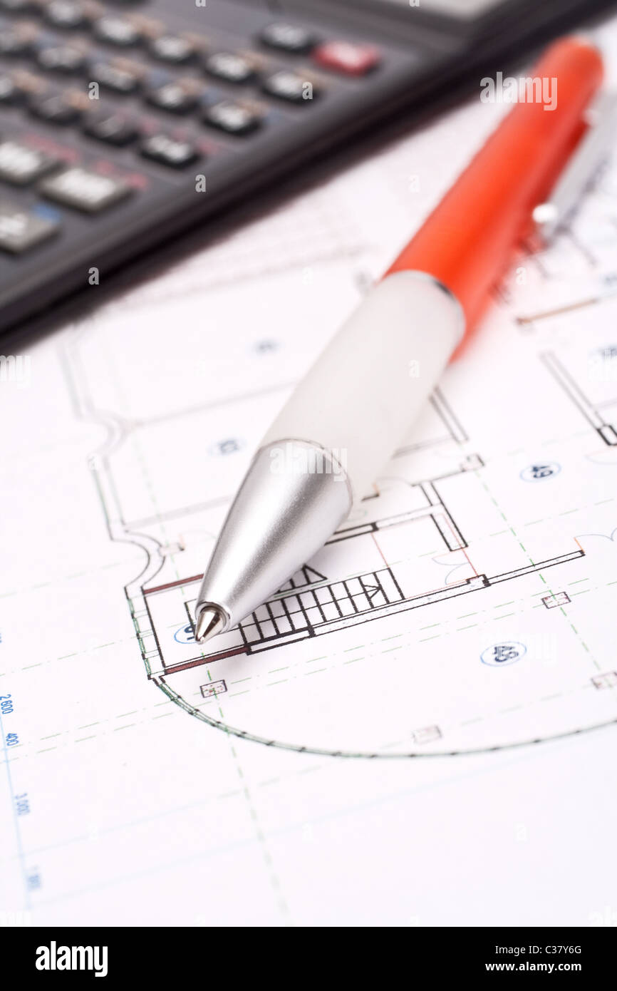 engineering and architecture drawings with pen Stock Photo - Alamy