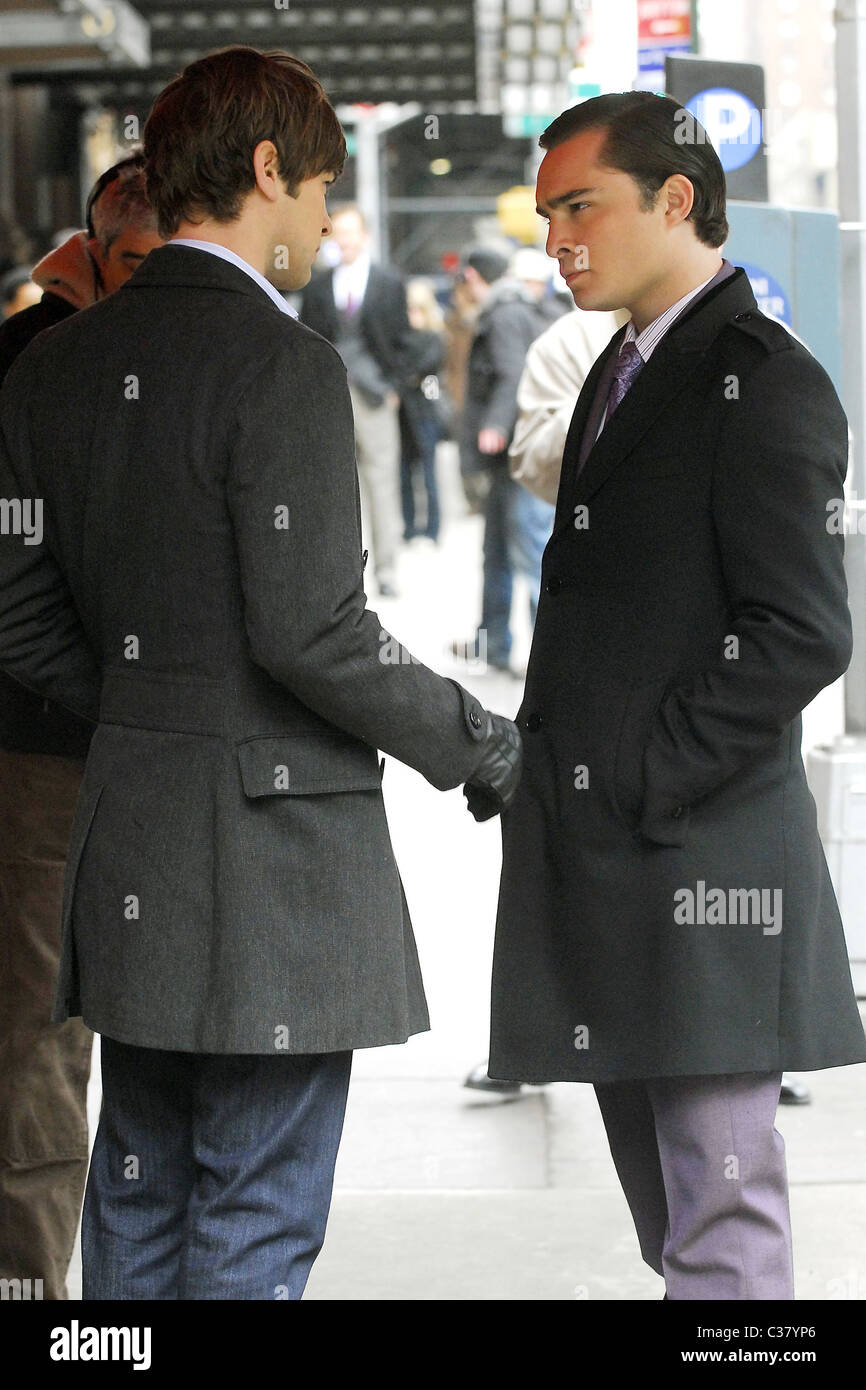 Chase Crawford and Ed Westwick on the set of 'Gossip Girl' filming on ...