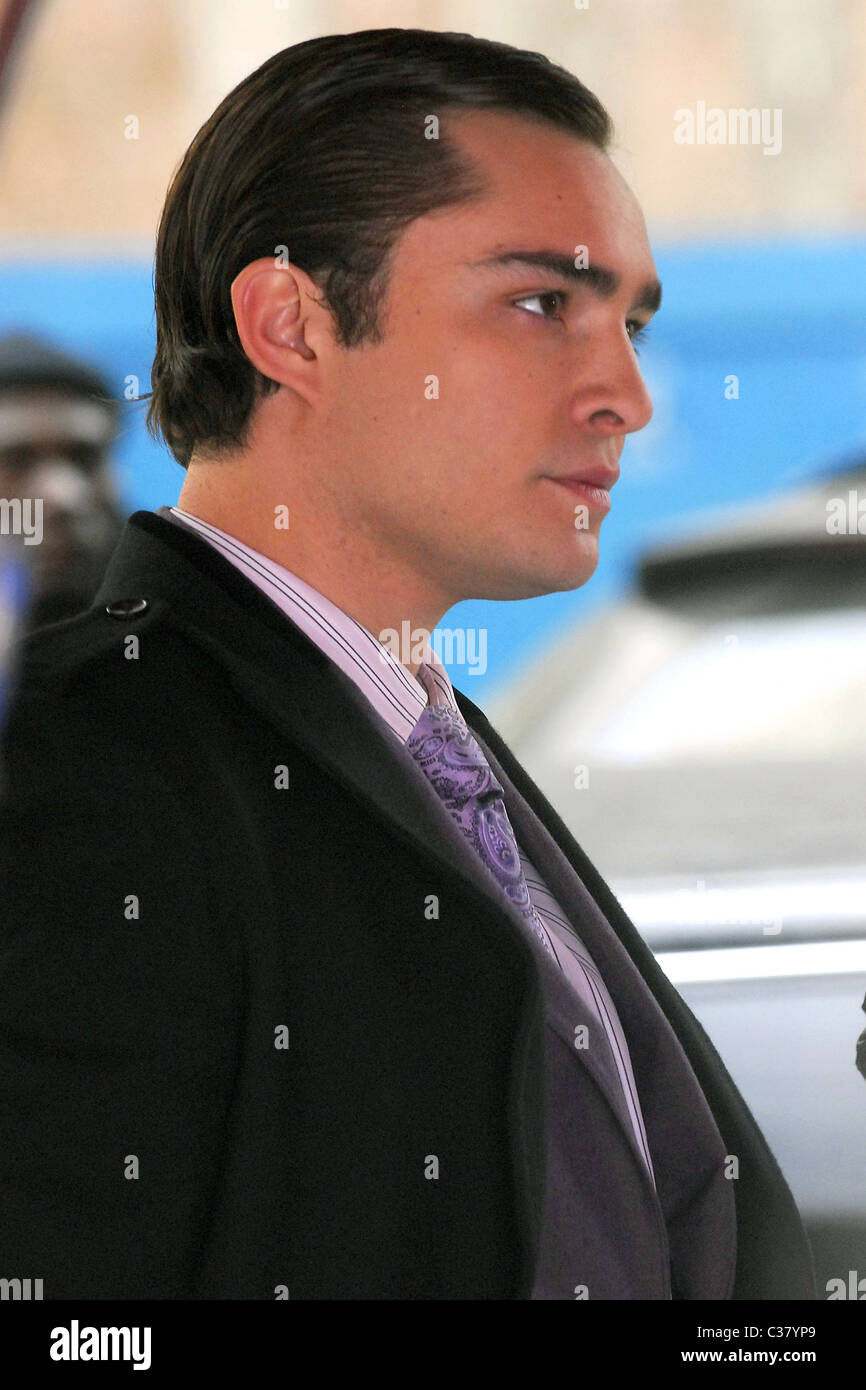 Ed Westwick on the set of 'Gossip Girl' filming on location in ...
