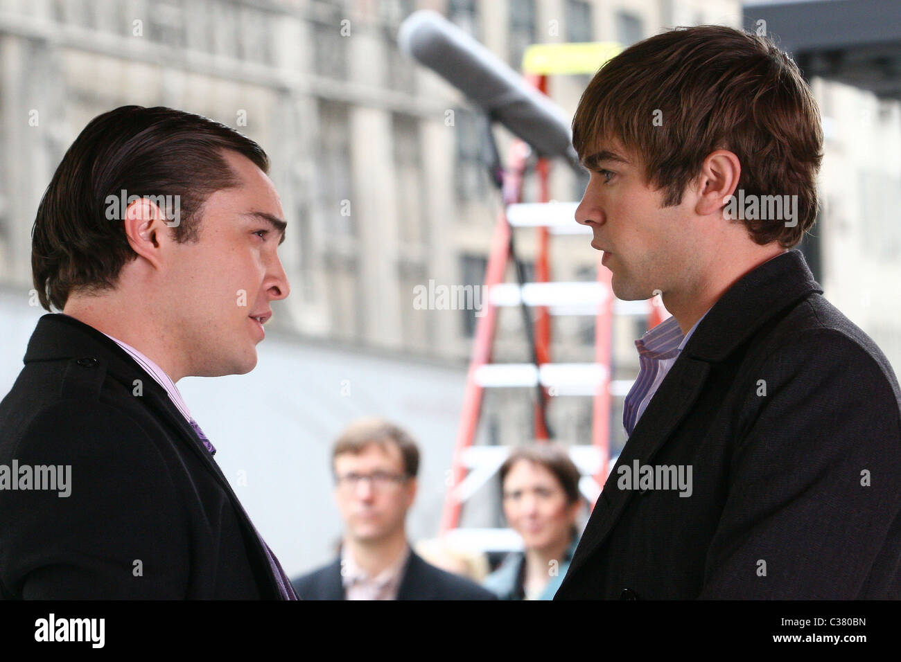 Ed Westwick and Chase Crawford on the set of 'Gossip Girl' filming on ...