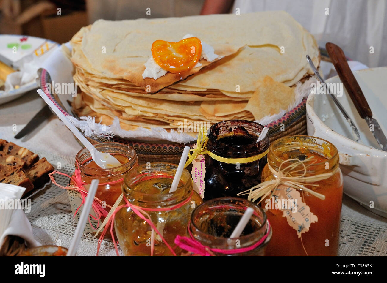 Sardinian foods, Carasau bread and marmelade, Baunei, Sardinia, Italy ...