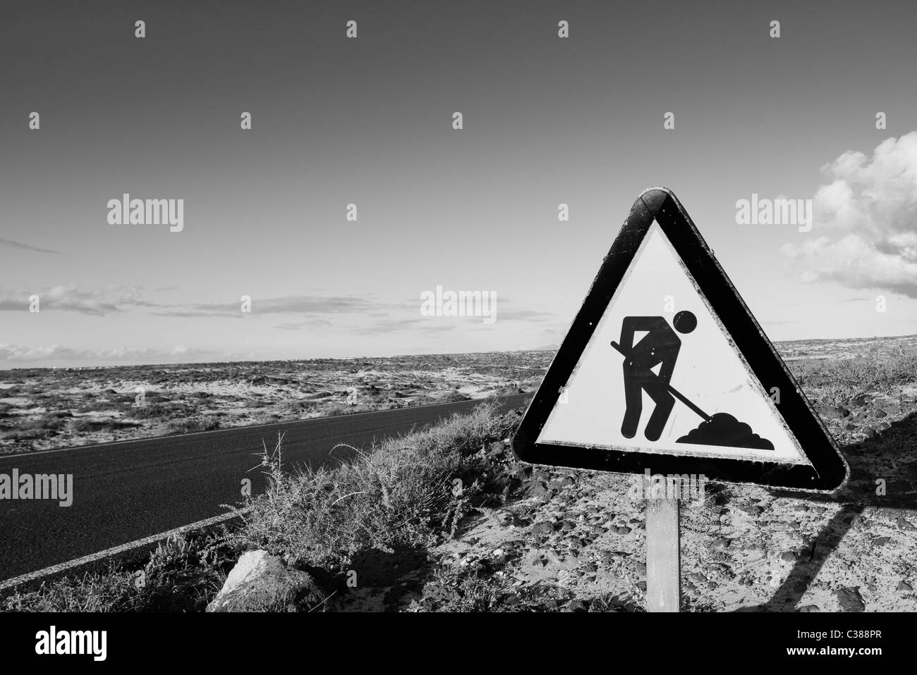 Caution works traffic signage Black and White Stock Photos & Images - Alamy