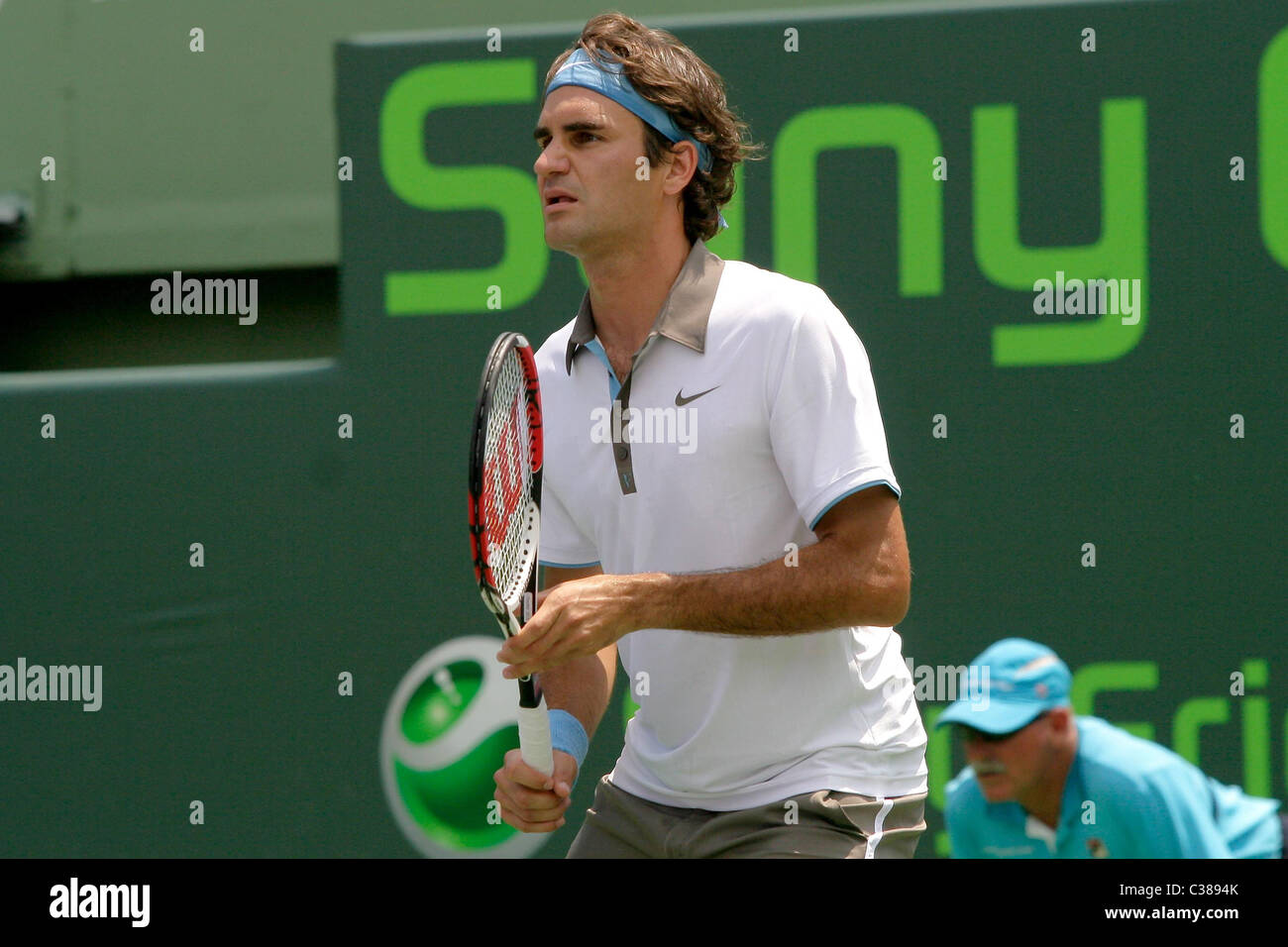 Roger Federer plays in a match against Novak Djokovic at the Sony ...